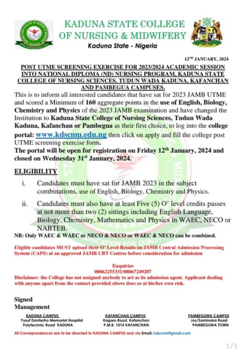 POST UTME SCREENING EXERCISE 2023/2024 » Kaduna State College of ...