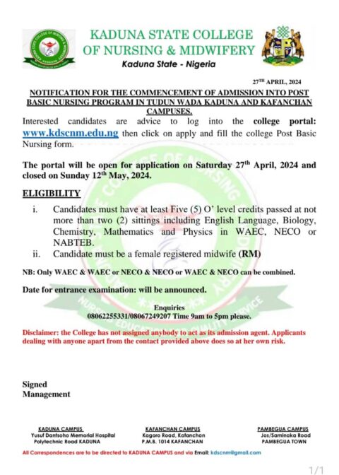NOTIFICATION FOR THE COMMENCEMENT OF ADMISSION INTO POST BASIC NURSING ...